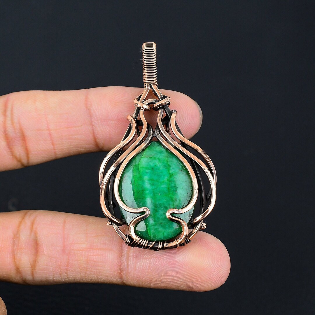 Faceted Zambian Emerald Pendant Copper Wire Wrapped Pendant Handmade ...