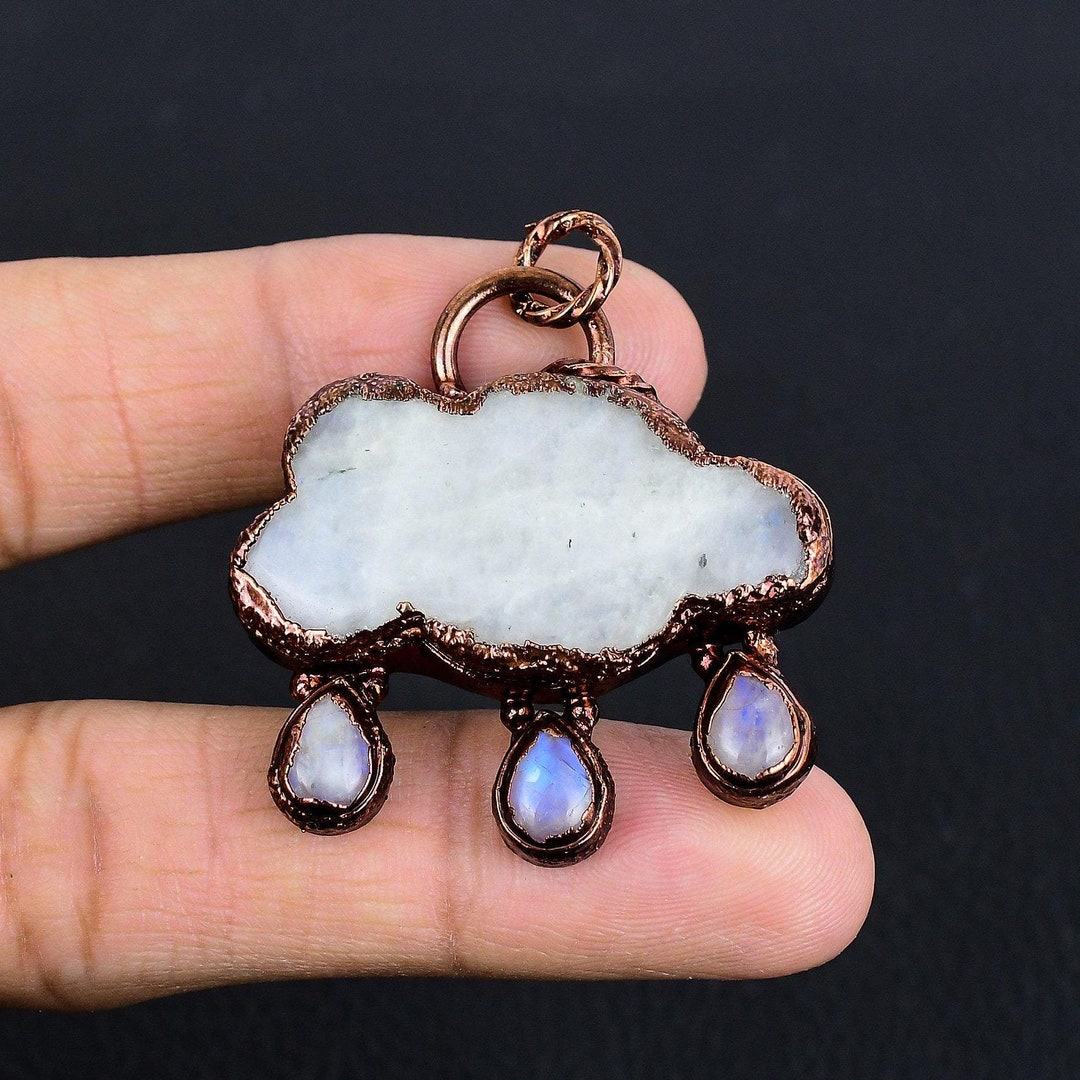 Moonstone Cloud Pendant, Natural Rainbow Moonstone Drops Copper ...
