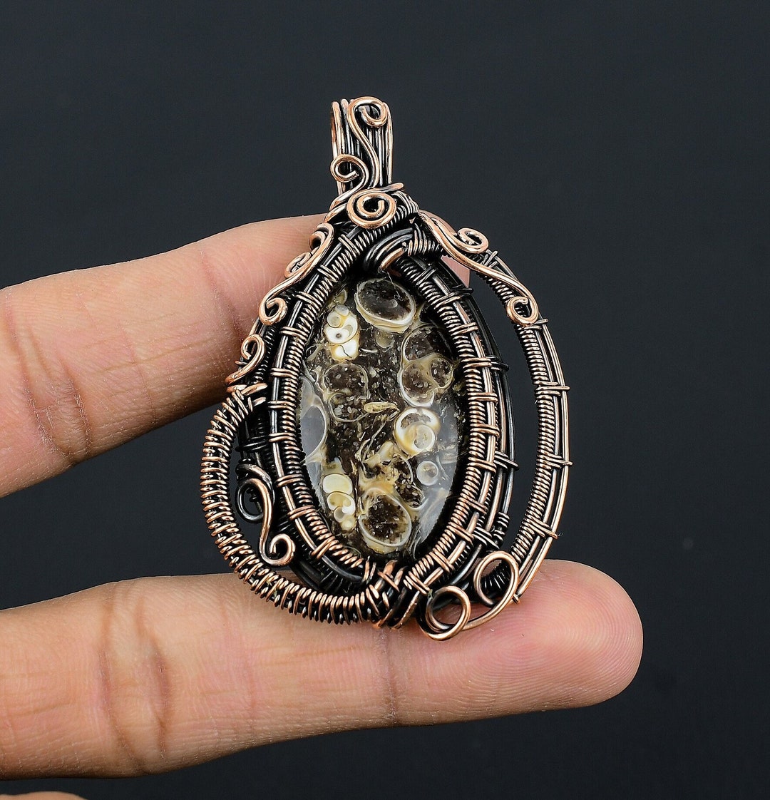 Turritella Fossil Pendant Cooper Wire Wrapped Pendant Turritella Agate ...