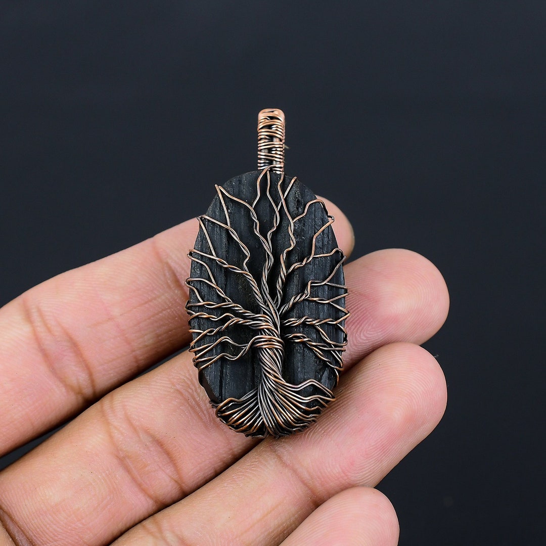 Tree of Life Black Tourmaline Rough Gemstone Pendant Copper Wire ...