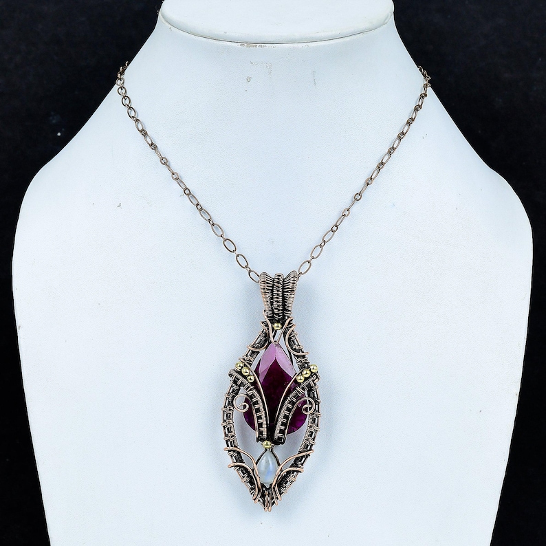 Beautiful Ruby Pendant , Ruby With Rainbow Moonstone Copper Wire ...