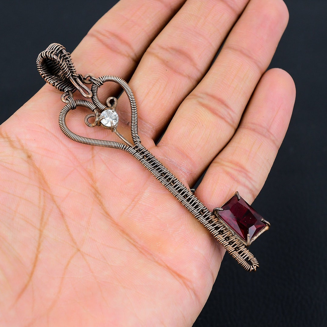 Faceted Garnet Key Shape Pendant Copper Wire Wrapped Gemstone Pendant ...