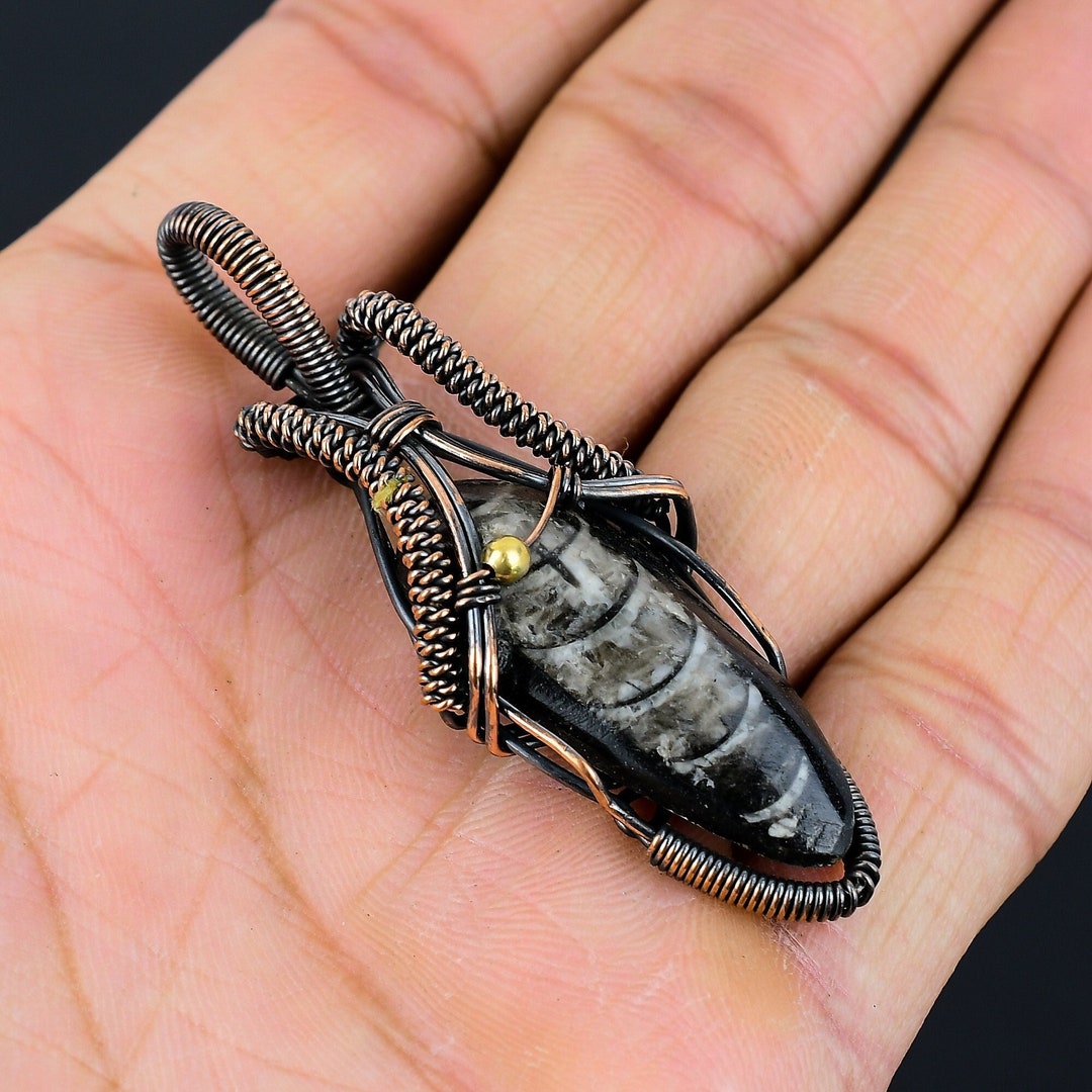 Natural Orthoceras Fossil Gemstone Copper Pendant Pure Copper Wire ...