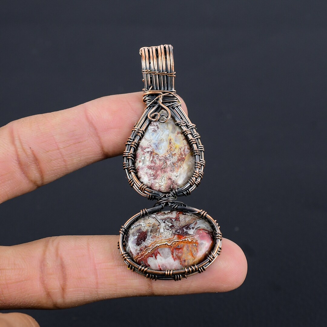 Crazy Lace Pendant Laguna Lace Agate Pendant Copper Wire Wrapped Double ...