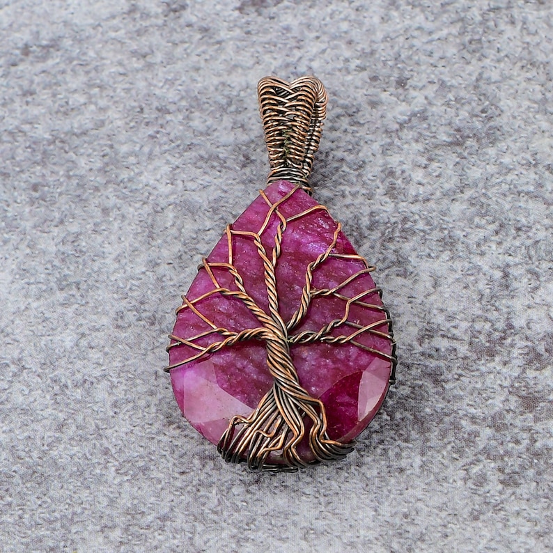 Tree of Life Kashmir Red Ruby Gemstone Pendant Copper Wire - Etsy