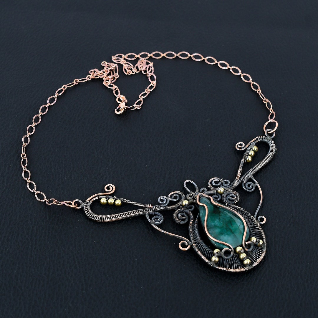 Emerald Necklace Copper Wire Wrapped Pendant Necklace Emerald Gemstone ...