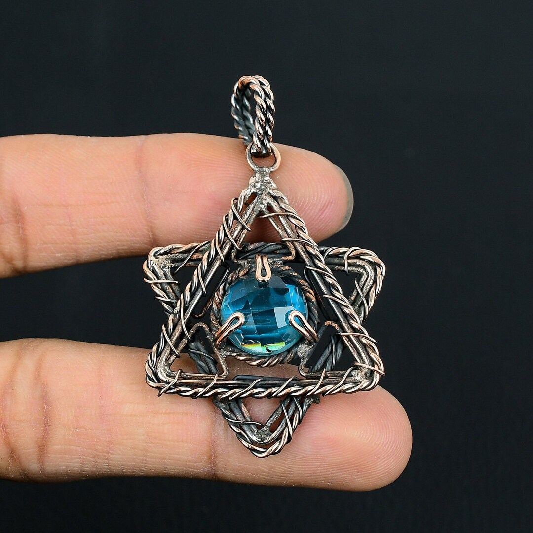 Blue Topaz Star Pendant Copper Wire Wrapped Pendant Blue Topaz Gemstone ...