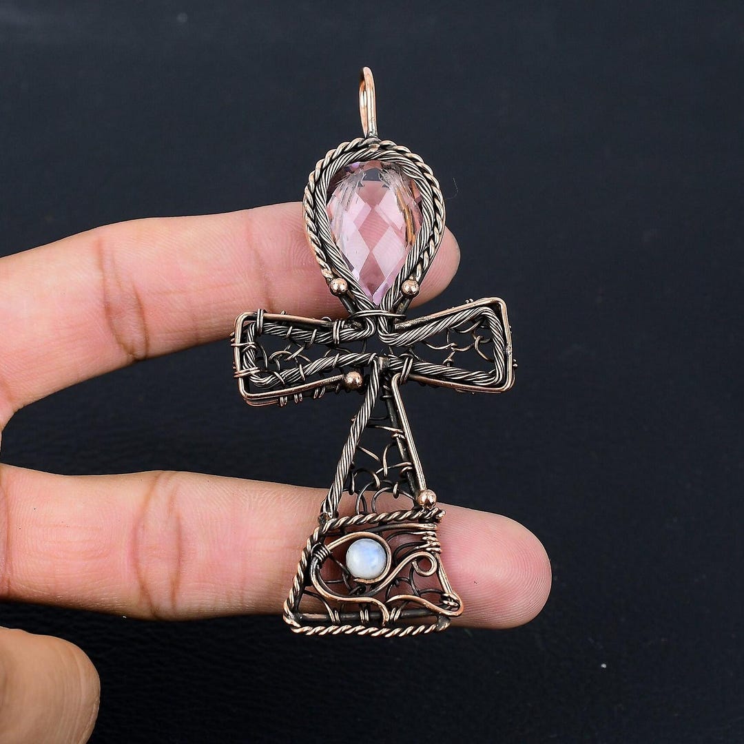 Pink Kunzite Ankh Pendant, Copper Wire Wrap Pendant Hieroglyphic Symbol ...