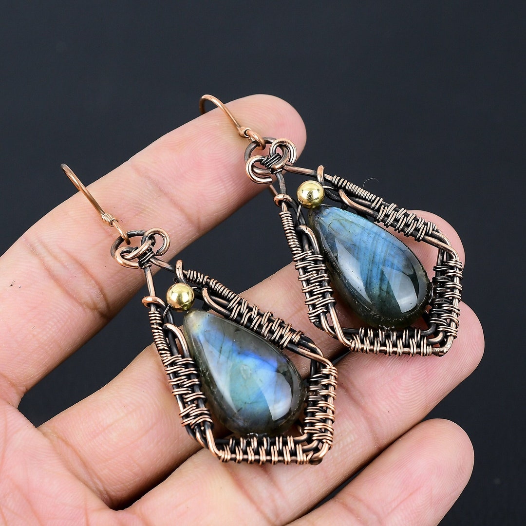Labradorite Earrings Copper Wire Wrapped Earrings Labradorite Gemstone
