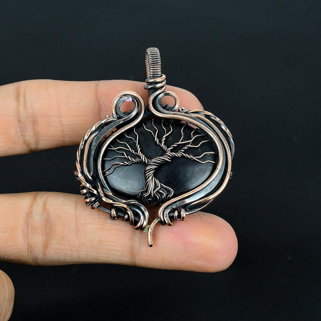 Natural Shungite Pendant, Tree of Life Copper Wire Wrapped Pendant ...