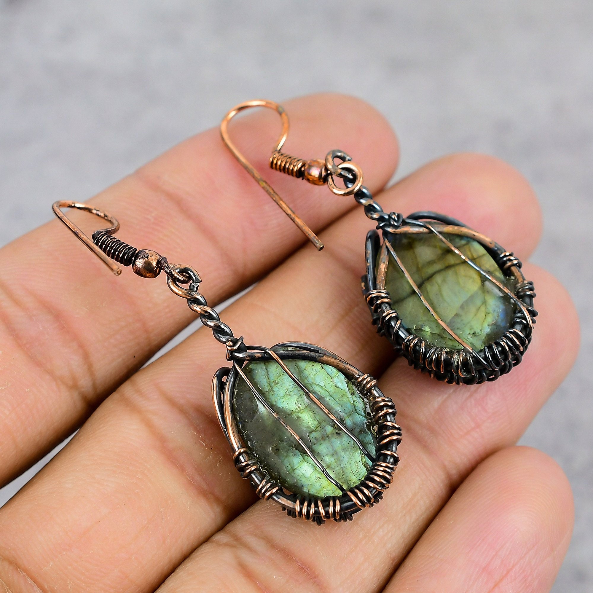 Labradorite Copper Gemstone Earrings Copper Wire Wrapped - Etsy