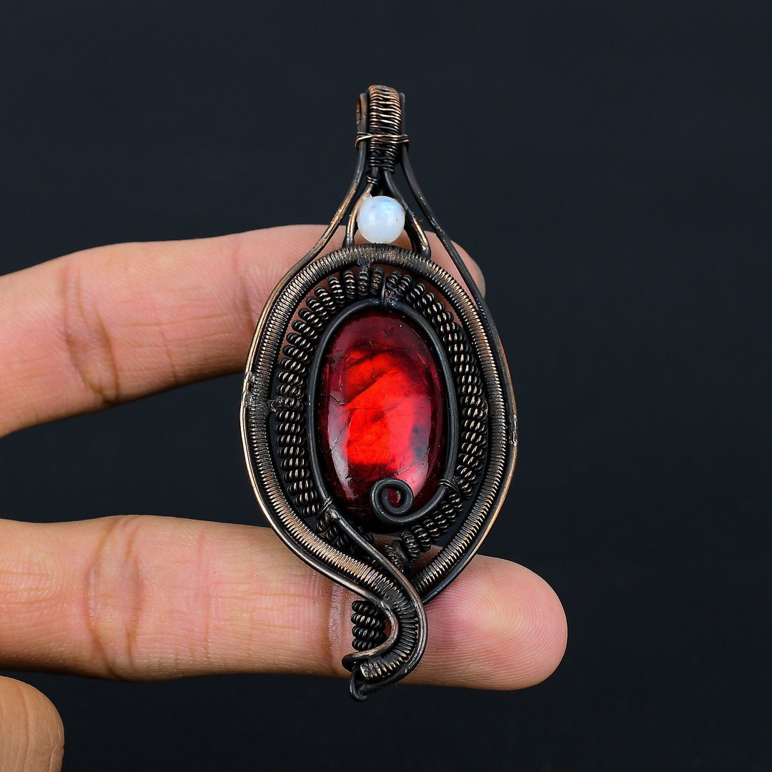 Red Fire Labradorite Pendant, Copper Wire Wrapped Pendant, Red Flash ...