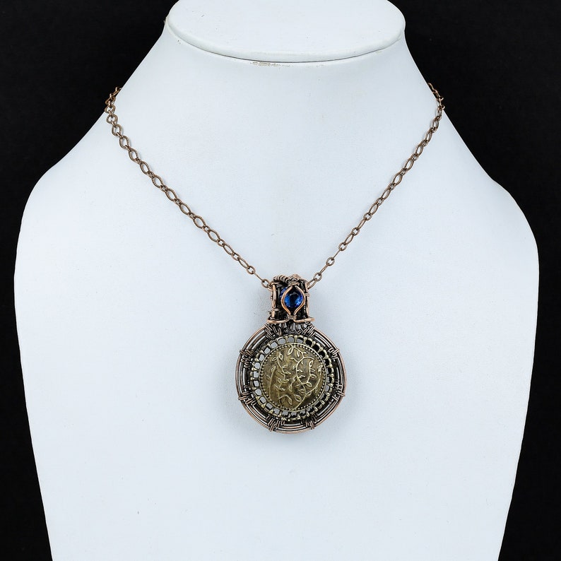 Unique Coin Leaf Pattern Two Tone Copper Wire Wrapped Pendant Gift for ...