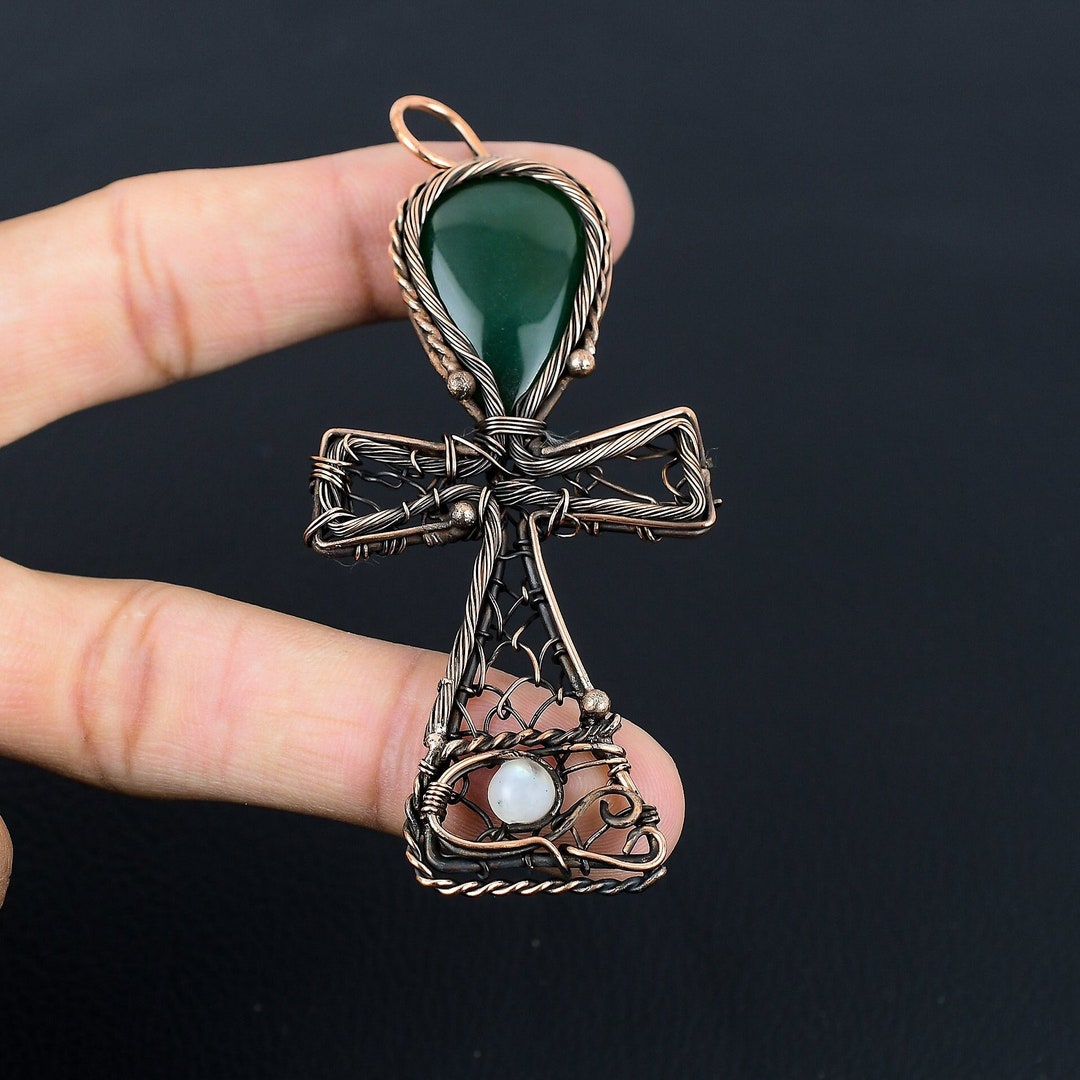Green Jade Ankh Pendant, Pure Copper Wire Wrapped Pendant, Hieroglyphic ...
