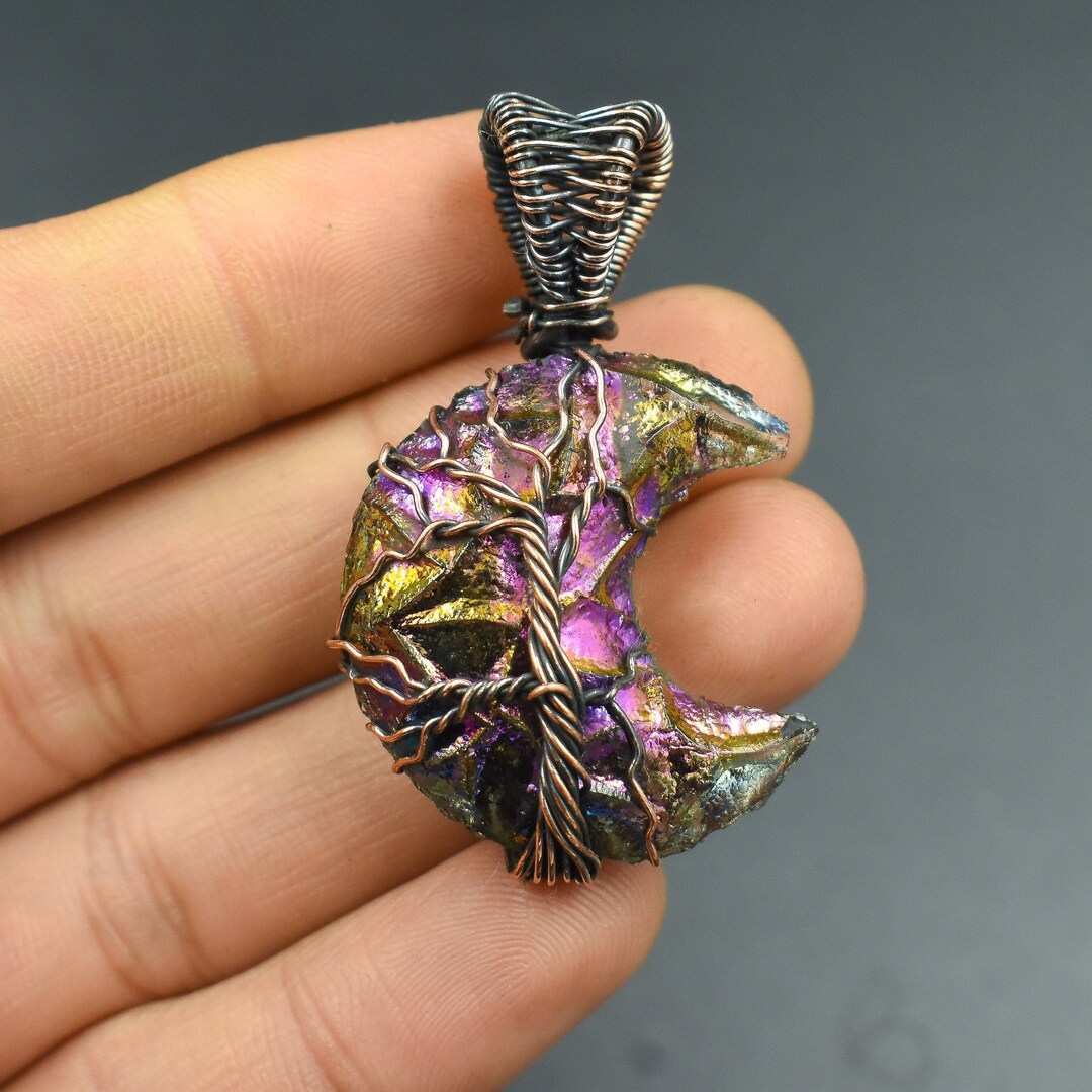 Peacock Aura Druzy Tree of Life Moonshape Pendant Copper Wire Wrapped ...