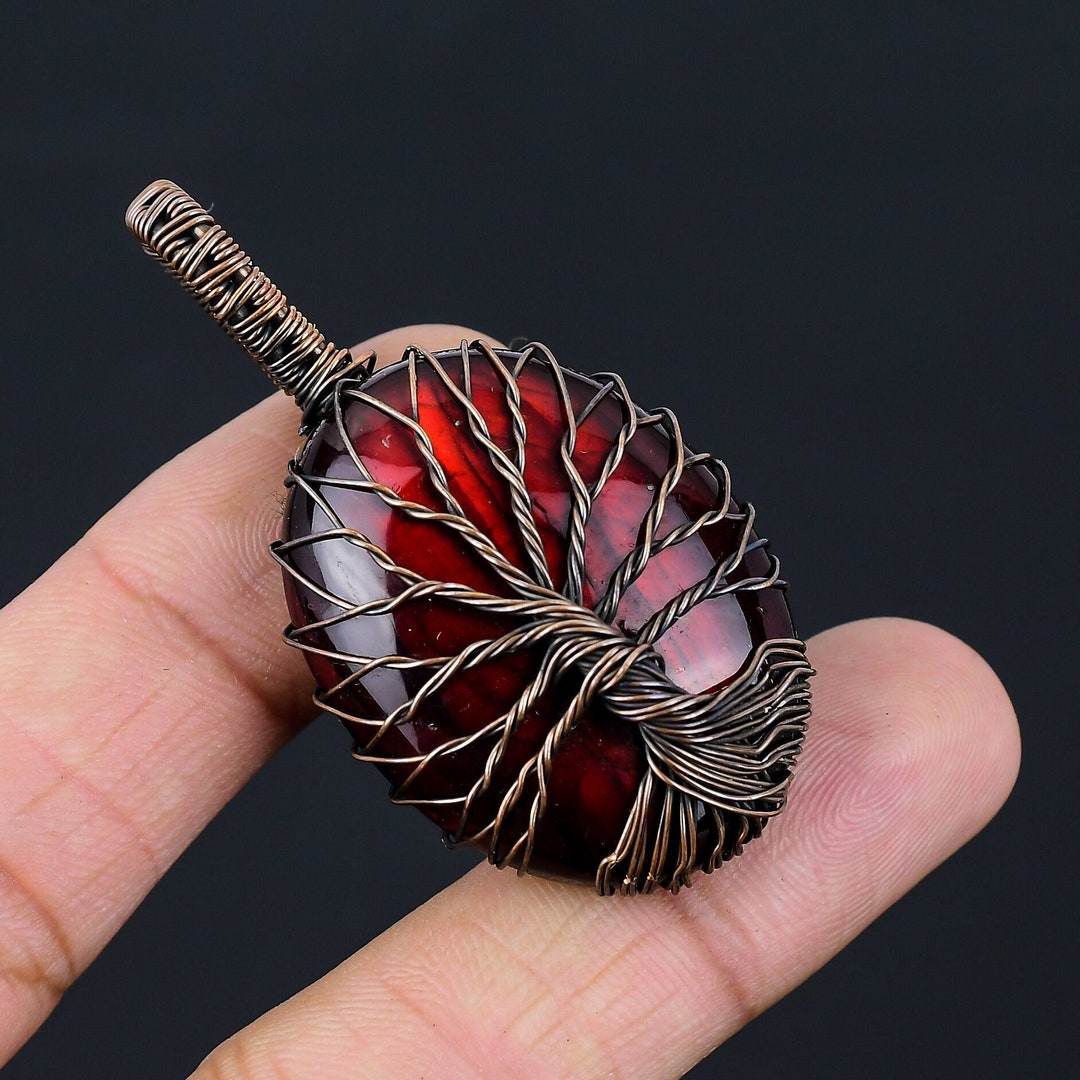 Red Flash Labradorite Tree of Life Gemstone Pendant Copper Wire Wrapped ...