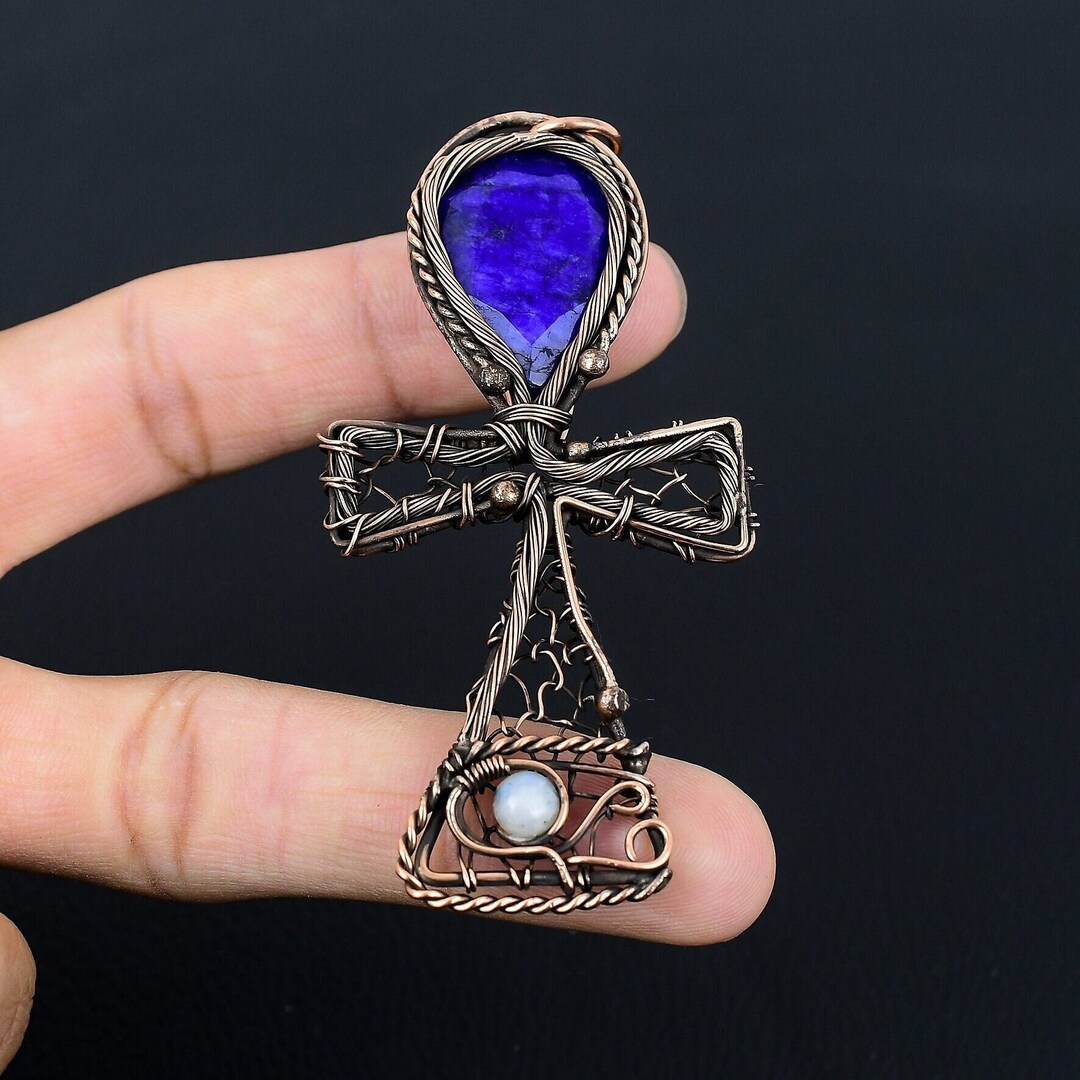 Blue Sapphire Ankh Pendant Copper Wire Wrapped Pendant Hieroglyphic ...