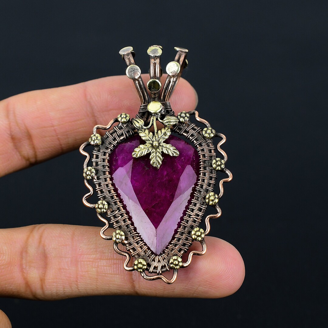 Kashmir Red Ruby Pendant Copper Wire Wrapped Gemstone Pendant Copper ...