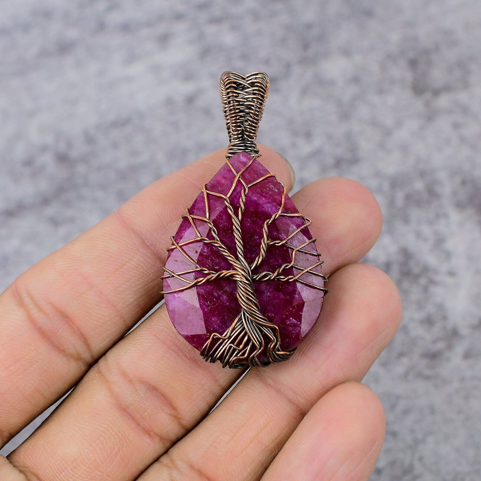 Tree of Life Kashmir Red Ruby Gemstone Pendant Copper Wire Wrapped ...