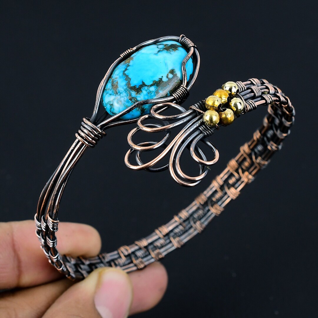 Tibetan Turquoise Copper Cuff Bracelet Tibetan Turquoise Bracelet Wire Wrapped Cuff Bracelet ...