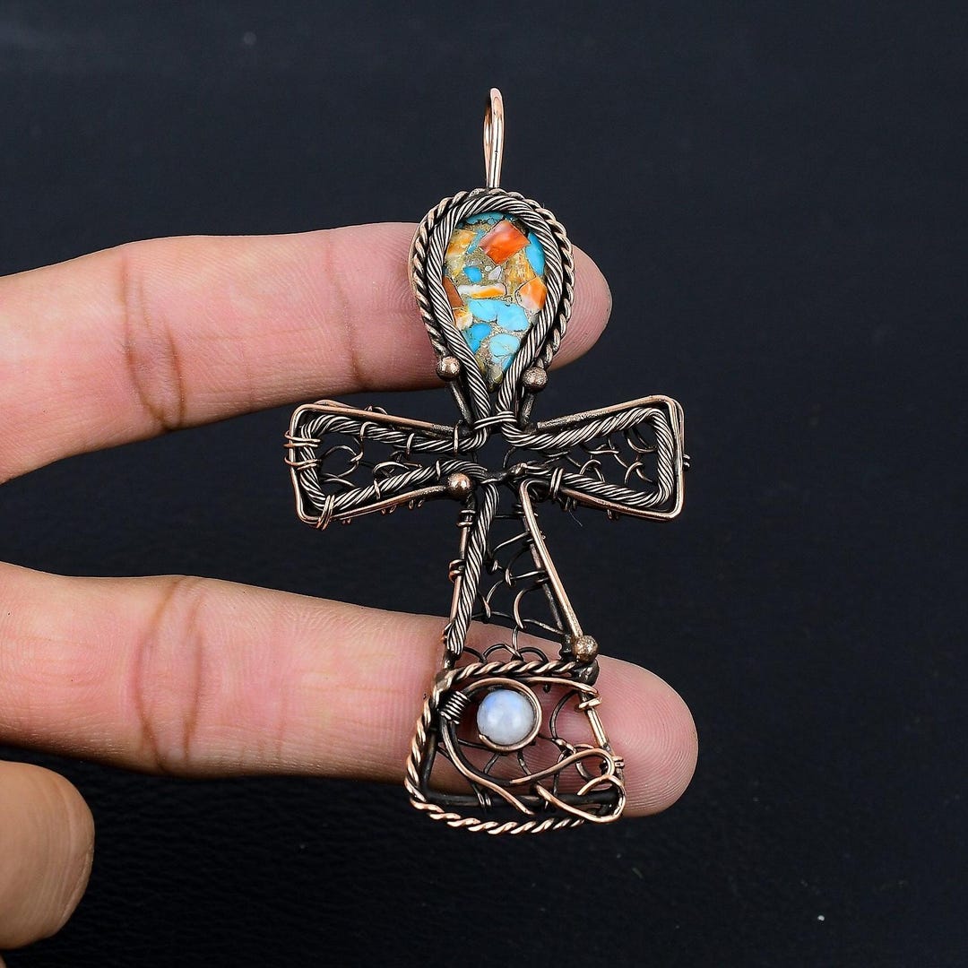 Spiny Oyster Turquoise Ankh Cross Pendant, Key of Life Copper Wire ...