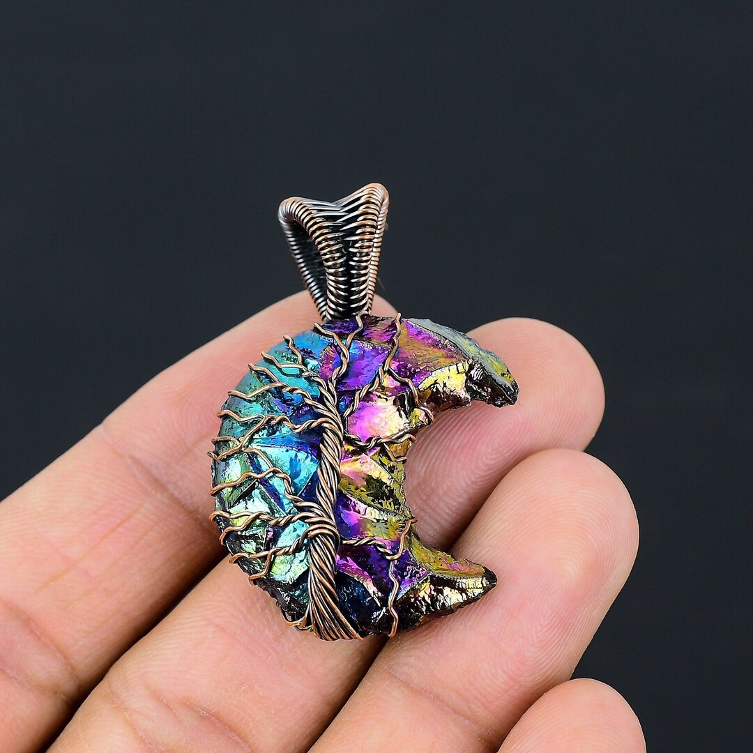 Tree of Life Peacock Aura Crescent Druzy Pendant Gemstone Copper Wire ...