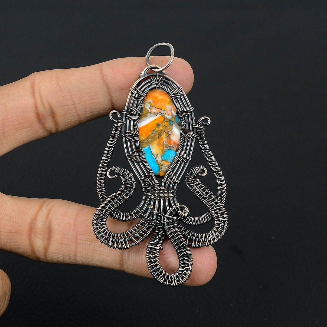 Natural Spiny Oyster Turquoise Pendant, Copper Wire Wrapped Octopus ...