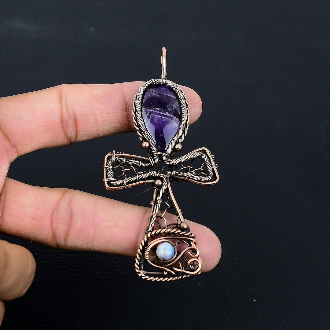 Amethyst Ankh Pendant Copper Wire Wrapped Pendant Hieroglyphic Symbol ...