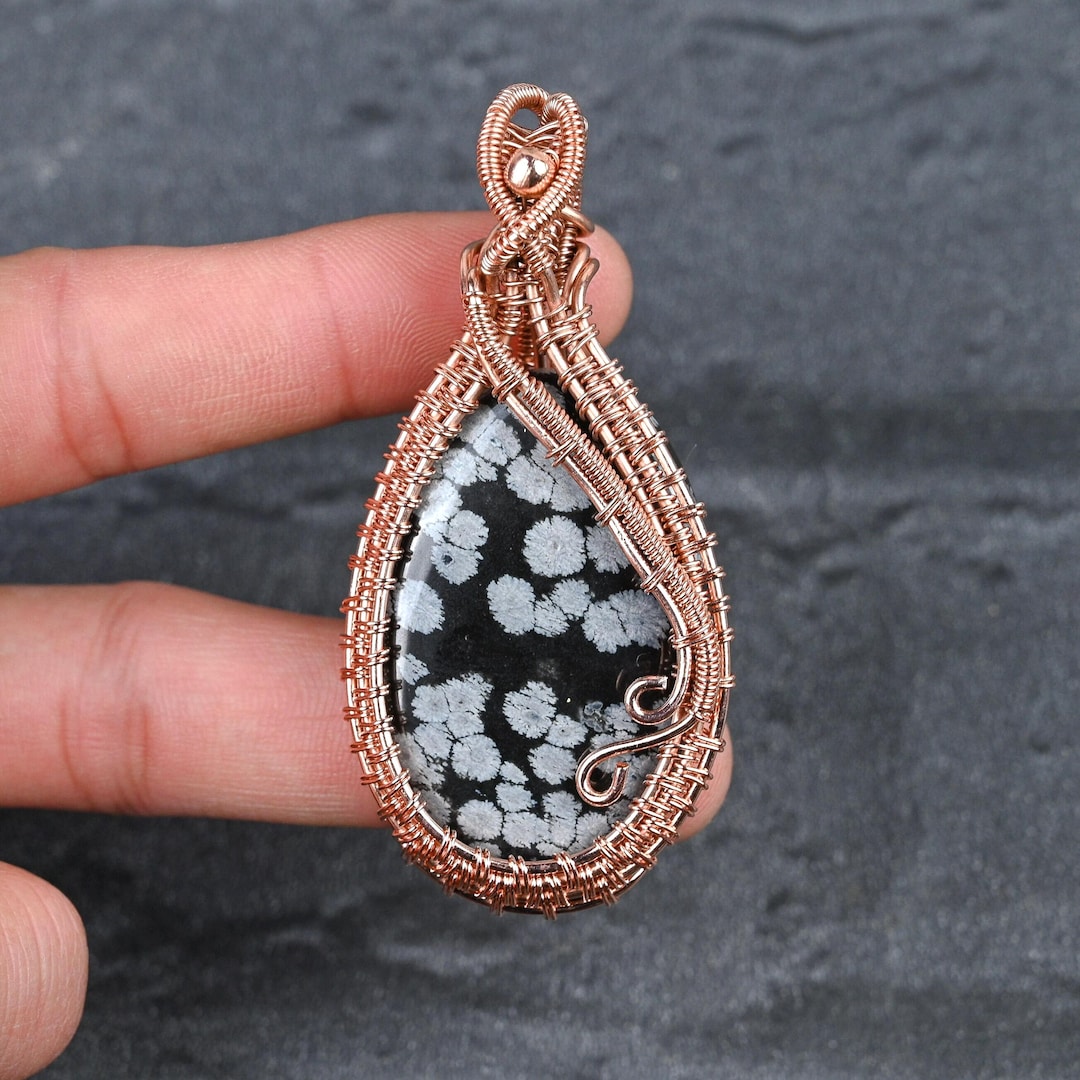 Snowflake Obsidian Pendant Copper Wire Wrapped Pendant Gemstone Pendant ...