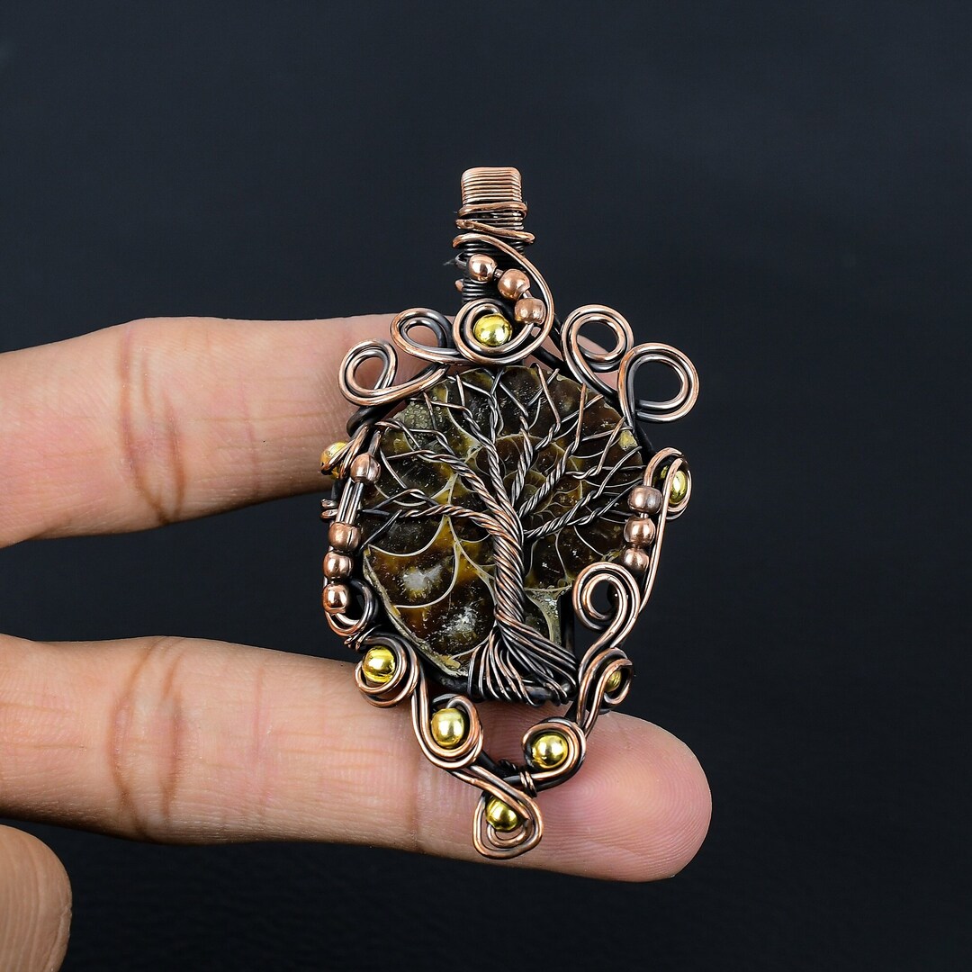 Ammonite Fossil Pendant, Tree of Life Copper Wire Wrapped Pendant ...