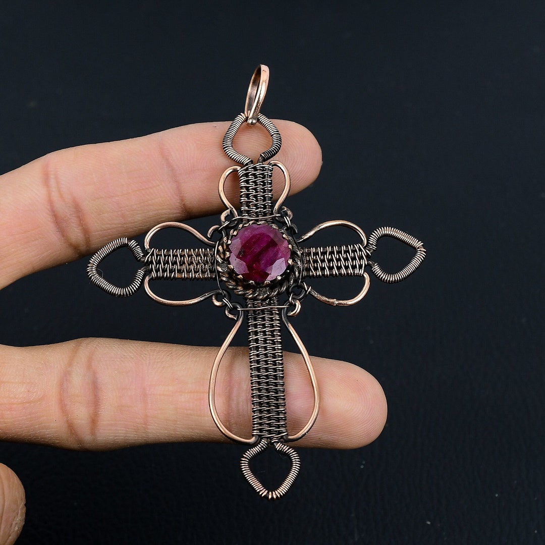 Kashmir Red Ruby Cross Pendant Copper Wire Wrapped Gemstone Pendant ...