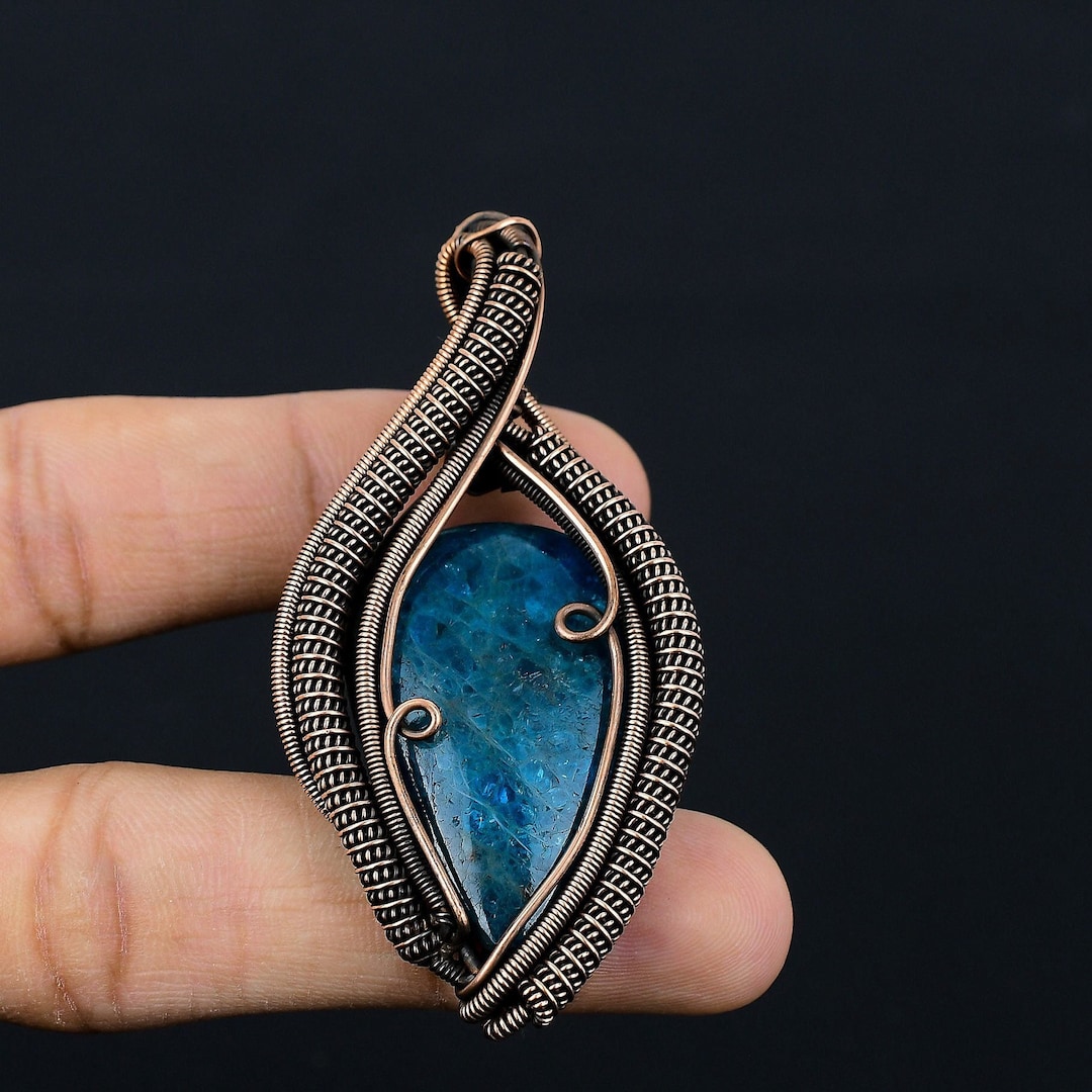 Neon Blue Apatite Pendant Copper Wire Wrapped Pendant Apatite Gemstone ...