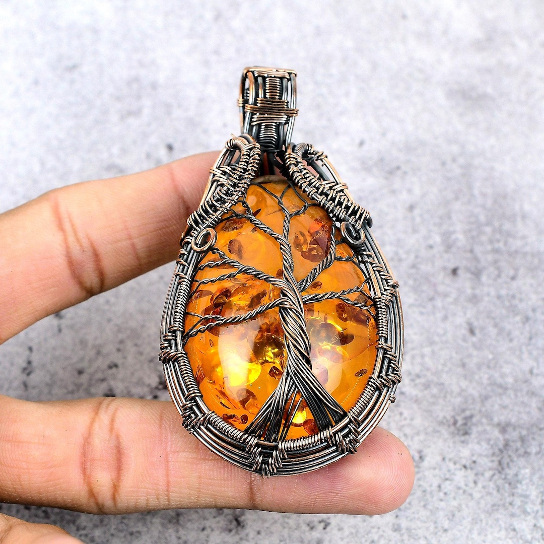 Big Baltic Amber Pendant, Beautiful Tree of Life Copper Wire Wrapped ...