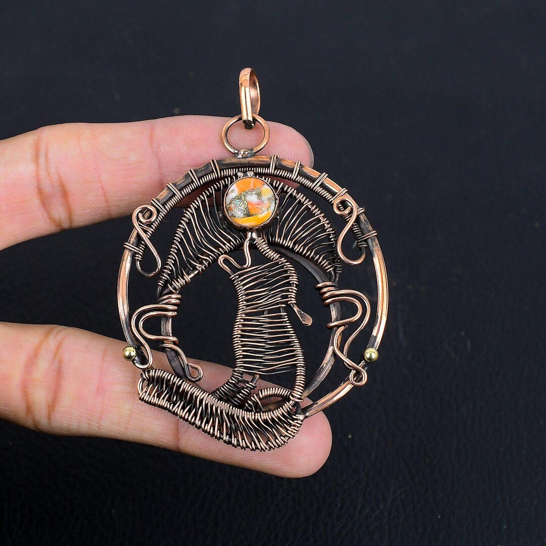 Orange Spiny Oyster Howling Wolf Pendant, Natural Turquoise Copper Wire ...