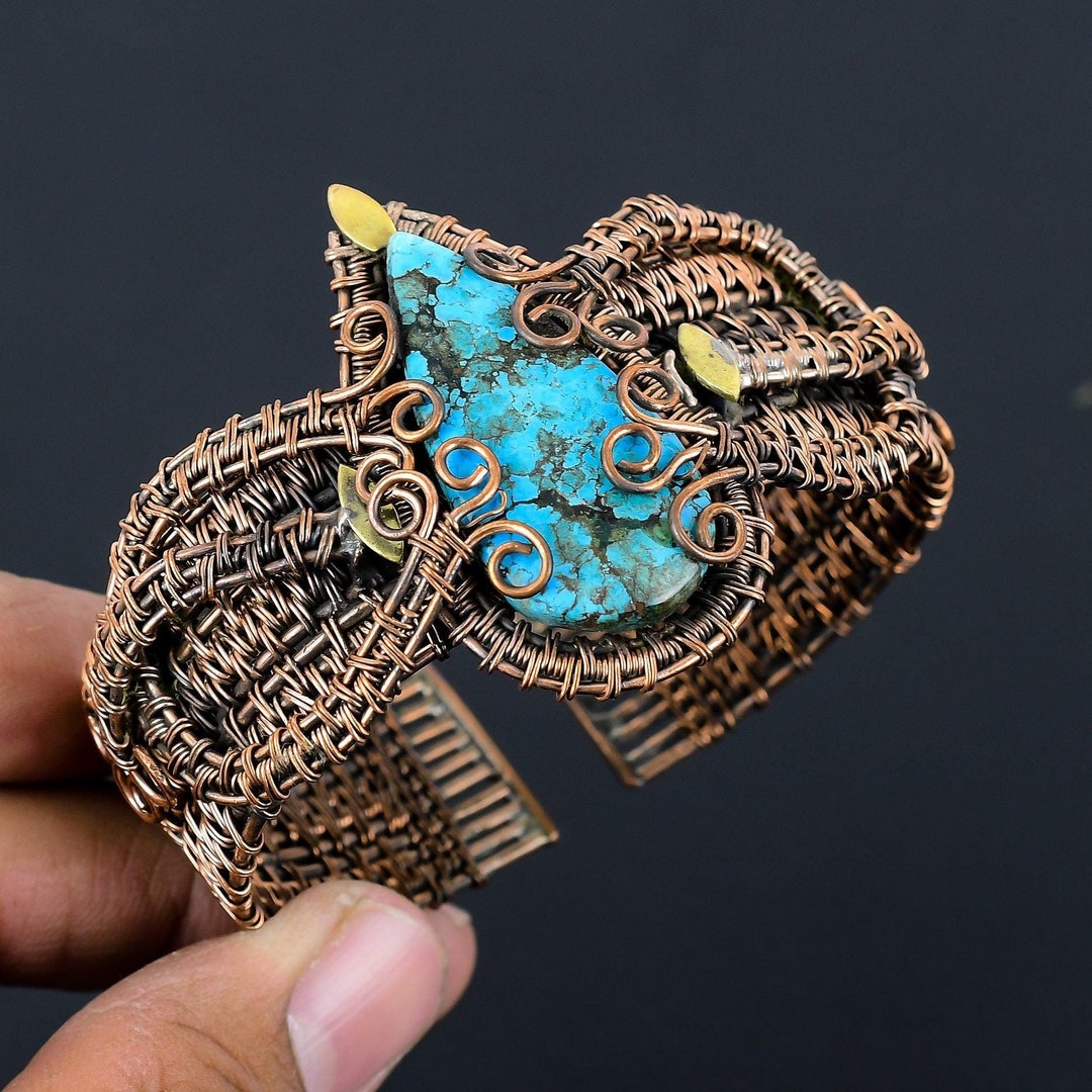 Turquoise Copper Cuff Bracelet Turquoise Bangle Designer Wire Wrapped Adjustable Cuff Bracelet ...