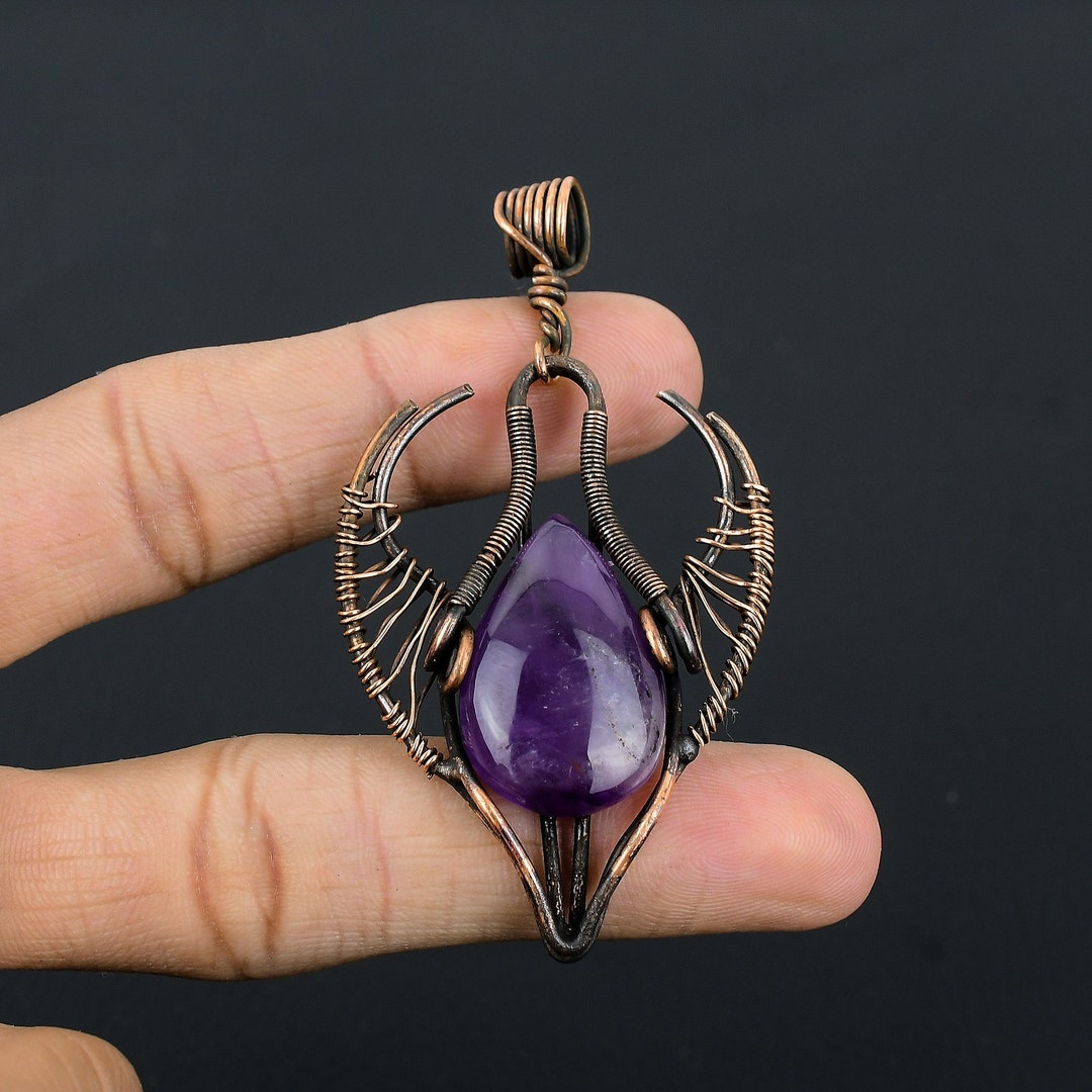 Star Amethyst Pendant Bull Face Shape Copper Wire Wrapped Pendant ...