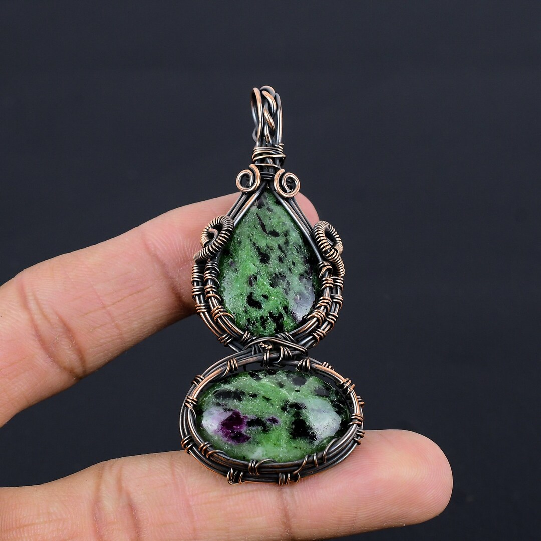 Ruby Zoisite Pendant Copper Wire Wrapped Pendant Copper Wire Jewelry Double Stone Pendant ...