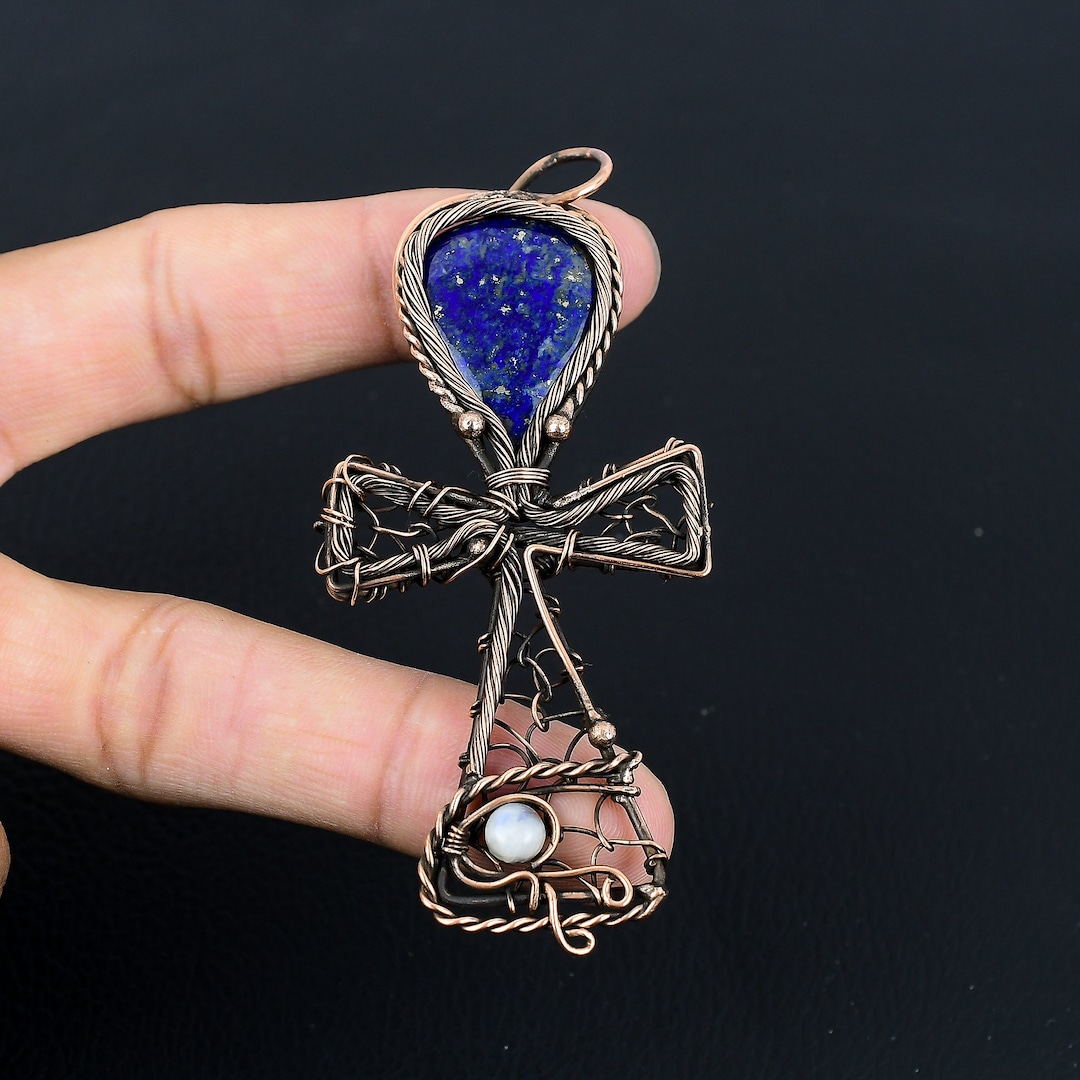 Lapis Lazuli Ankh Pendant Copper Wire Wrapped Pendant Hieroglyphic ...