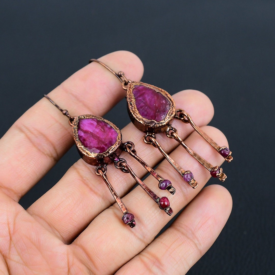 Ruby Earrings, Kashmiri Red Ruby Copper Electroformed Earrings ...
