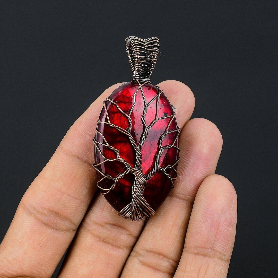 Red Flash Labradorite Tree of Life Pendant Copper Wire Wrapped Gemstone ...