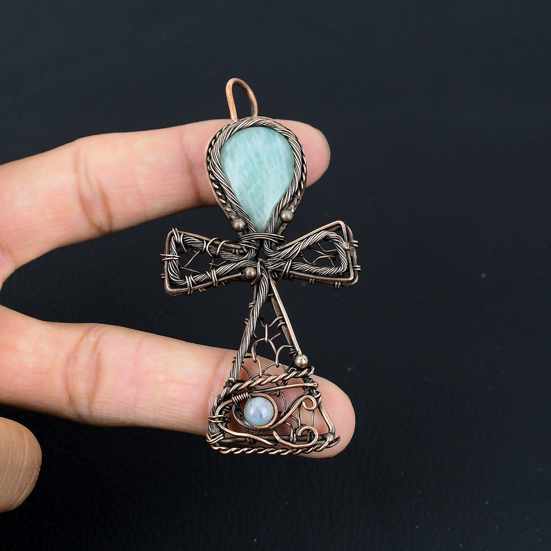 Amazonite Ankh Pendant Copper Wire Wrapped Pendant Hieroglyphic Symbol ...