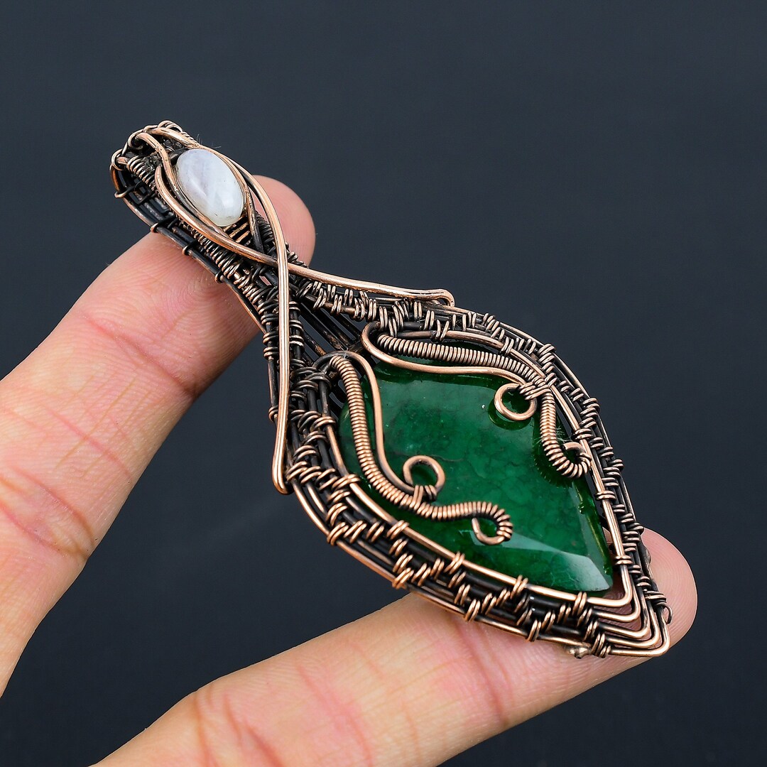 Faceted Zambian Emerald Rainbow Moonstone Pendant Copper Wire Wrapped ...
