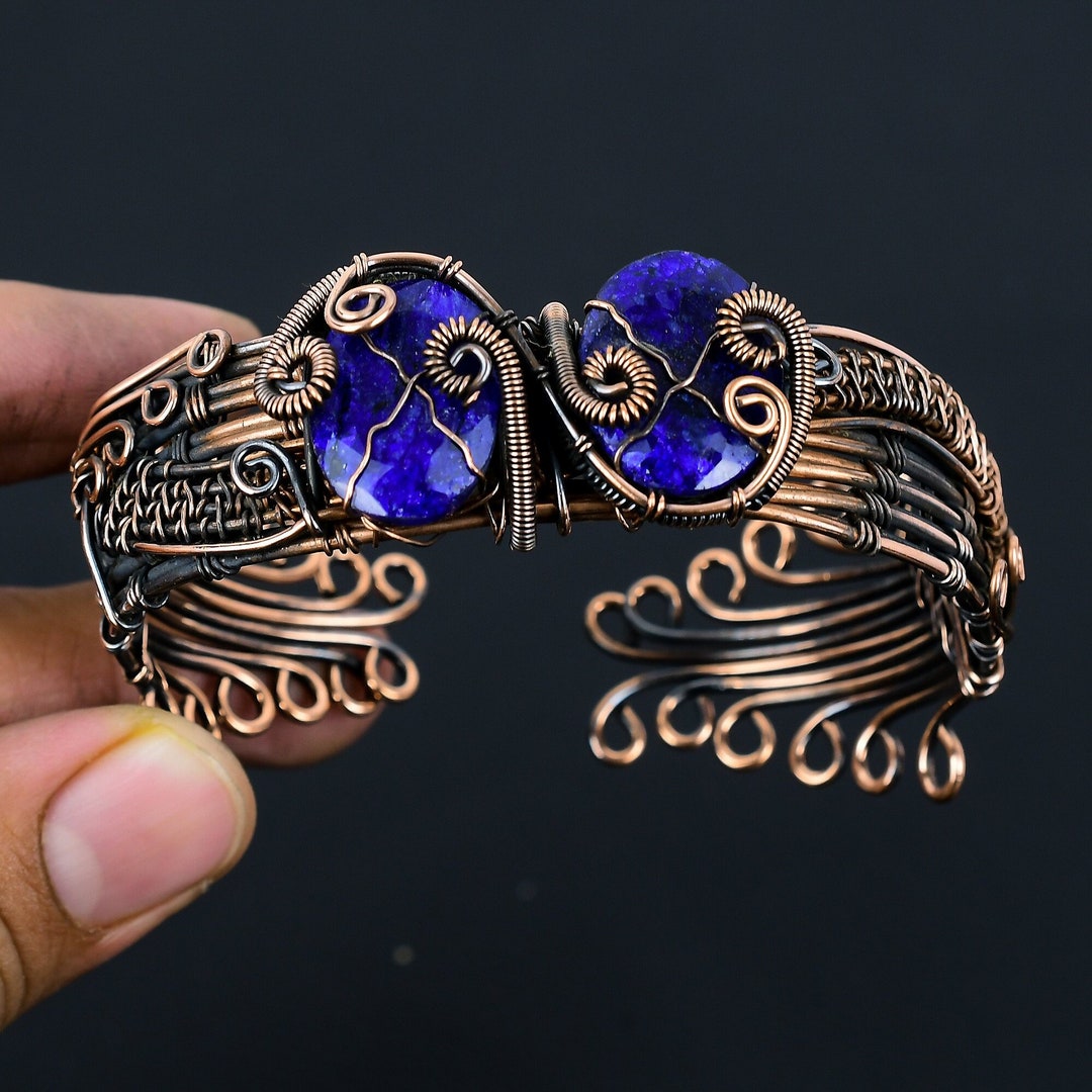 Blauer Saphir Kupfer Manschette Armband Saphir Armband Kupferdraht gewickelt Armreif Draht ...