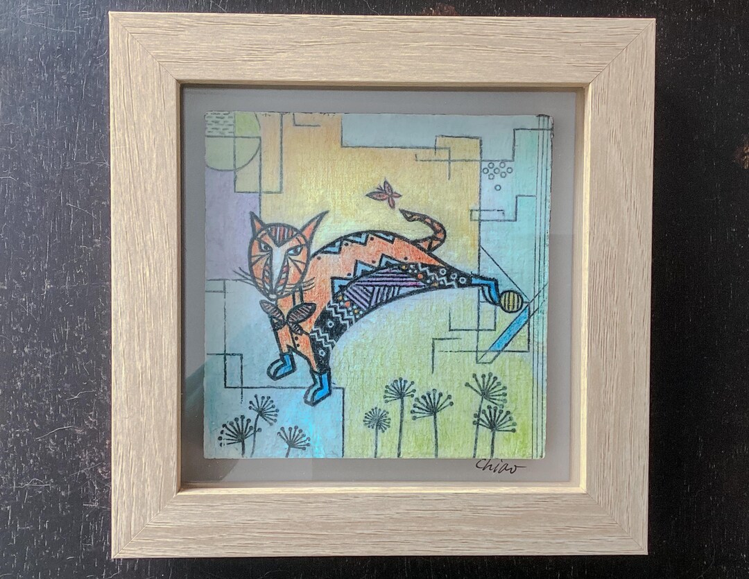 Cubist Cat Drawing With Frame - Etsy