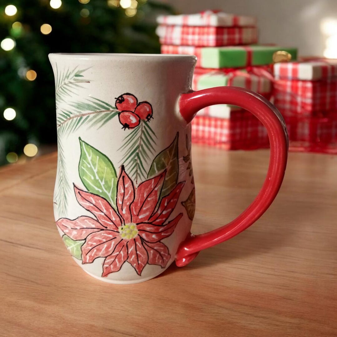 Christmas Mug With Poinsettia/pine Leaves Mug/ Holiday Mug/ Holly Berry ...