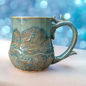 Carving Decorated Stoneware Mug, Slip Decorated Mug, Mug With Leaves ...