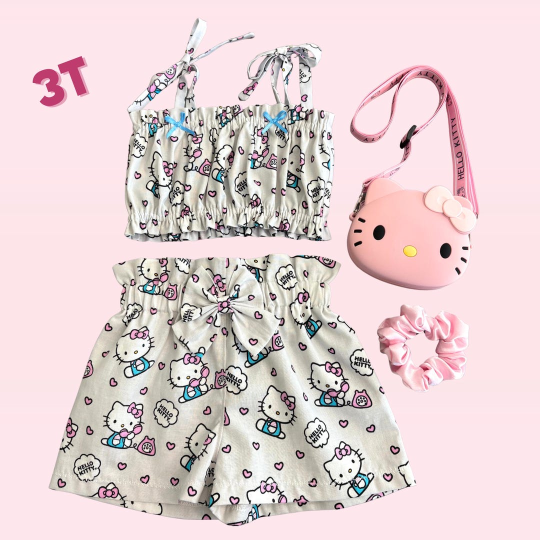 Hello Kitty Inspired Girls Set 3T – Crop Top and Shorts, Bag and ...