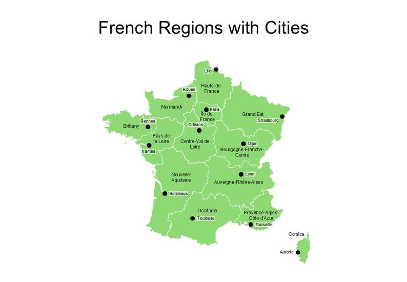 Editable Powerpoint Map of French Regions, Cities and Surrounding ...