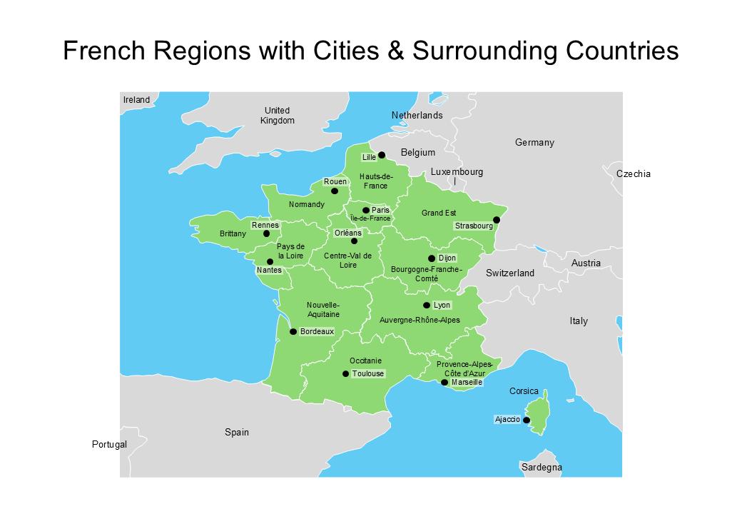 Editable Powerpoint Map of French Regions, Cities and Surrounding ...