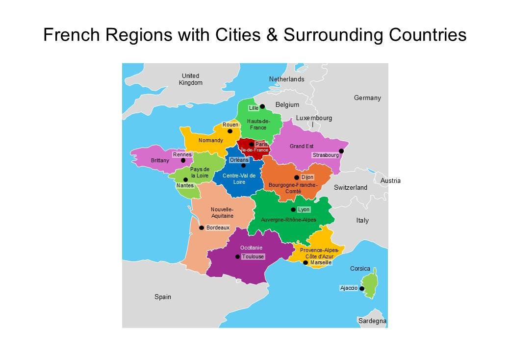 Editable Powerpoint Map of French Regions, Cities and Surrounding ...